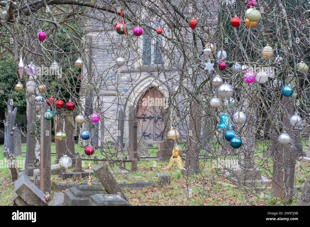 Christmas baubles in Southampton Old Cemetery Stock Photo - Alamy