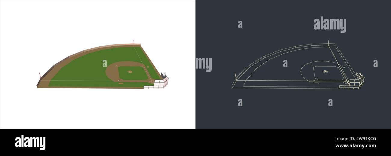 Vector Baseball field Technical Illustration line art on the blueprint ...