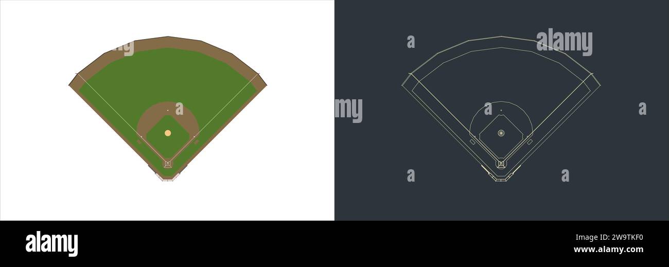 Vector Baseball field Technical Illustration line art on the blueprint ...