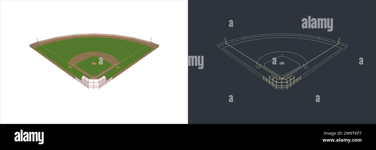 Vector Baseball field Technical Illustration line art on the blueprint ...