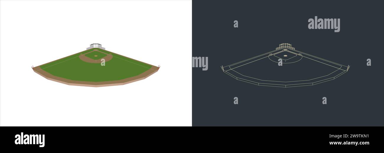 Vector Baseball field Technical Illustration line art on the blueprint ...