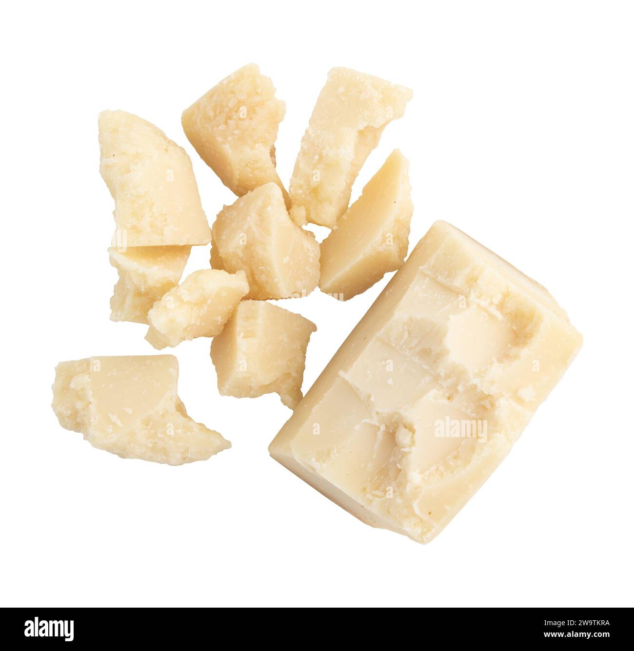 pieces of delicious parmesan cheese isolated on white background with ...