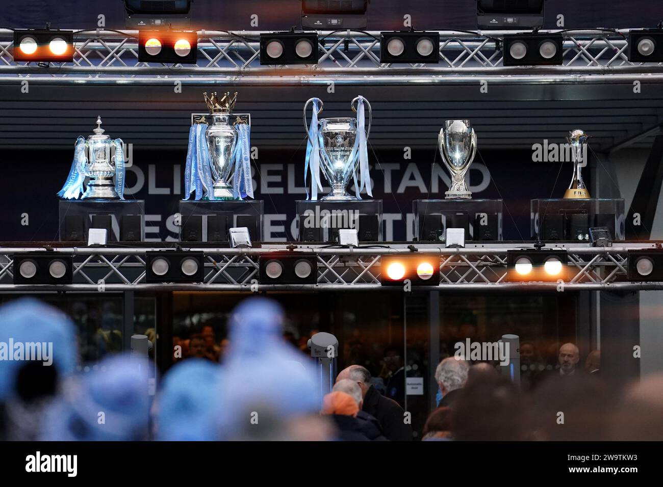 Manchester City's 2023 trophy collection on display outside the ground ...