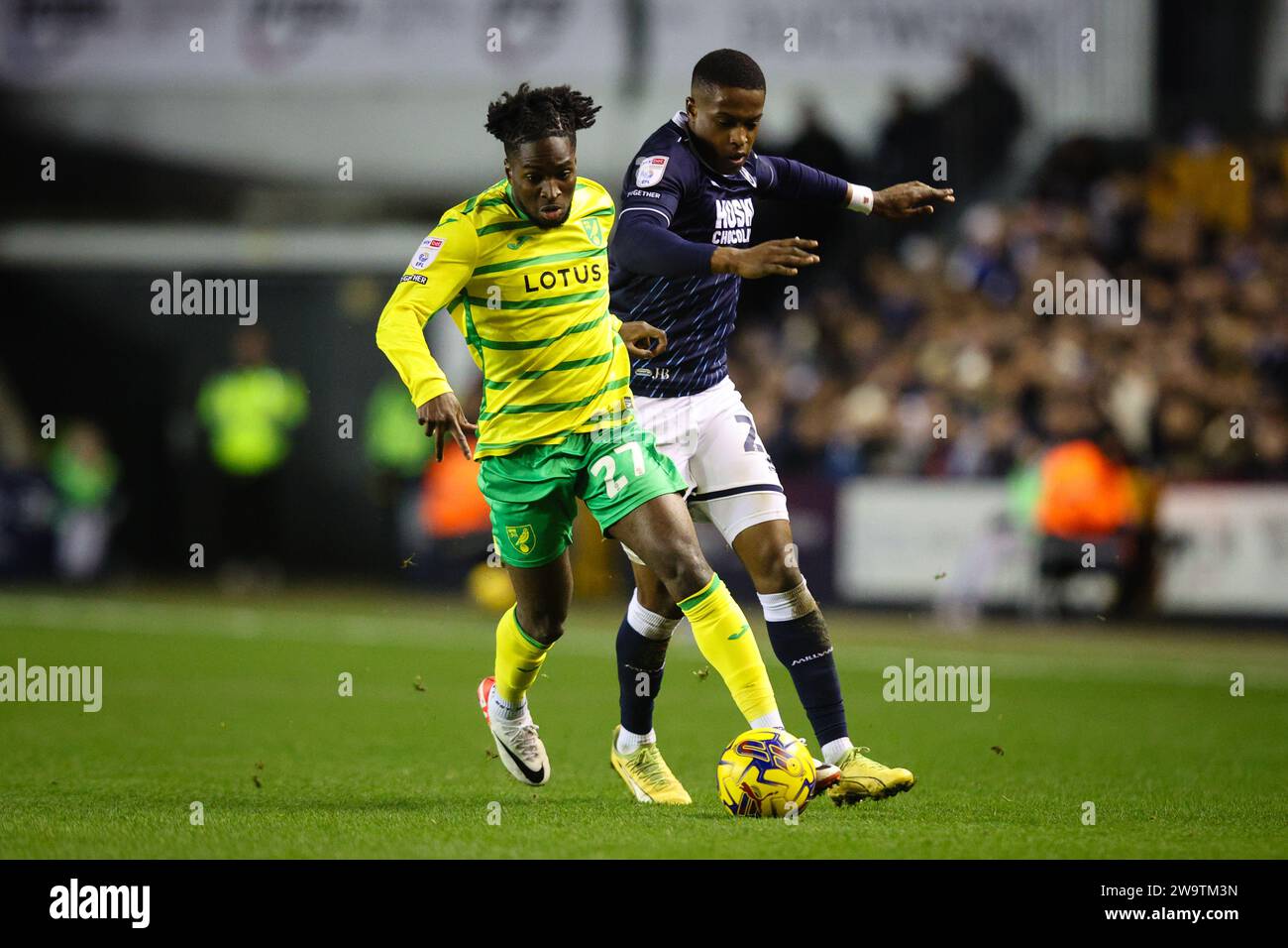 LONDON, UK - 29th Dec 2023: Jonathan Rowe of Norwich City holds off the ...