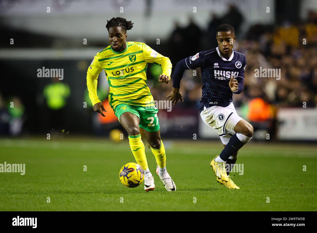 LONDON, UK - 29th Dec 2023: Jonathan Rowe of Norwich City holds off the ...