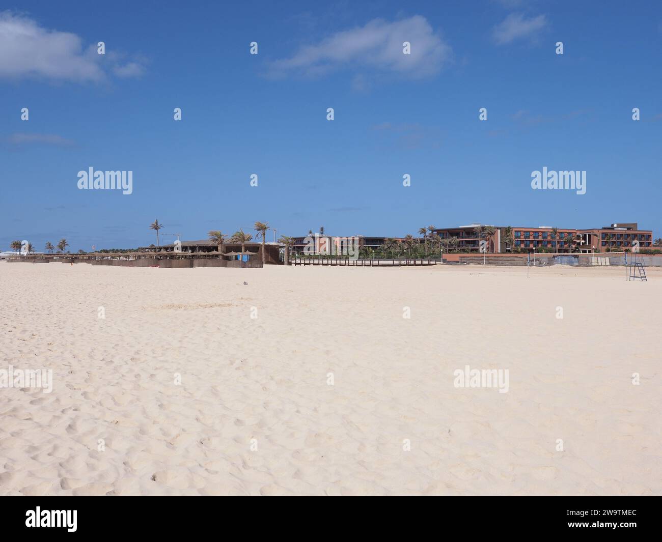 Resort buildings at beach on Atlantic Ocean, African Santa Maria town ...