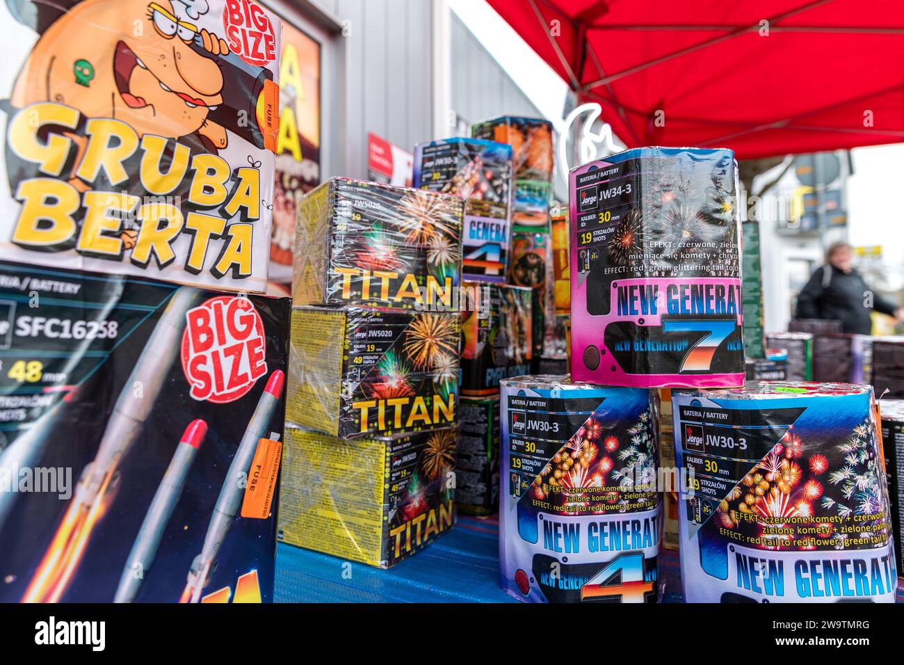 Gubin, Poland. 30th Dec, 2023. Firecrackers are on display at a market ...