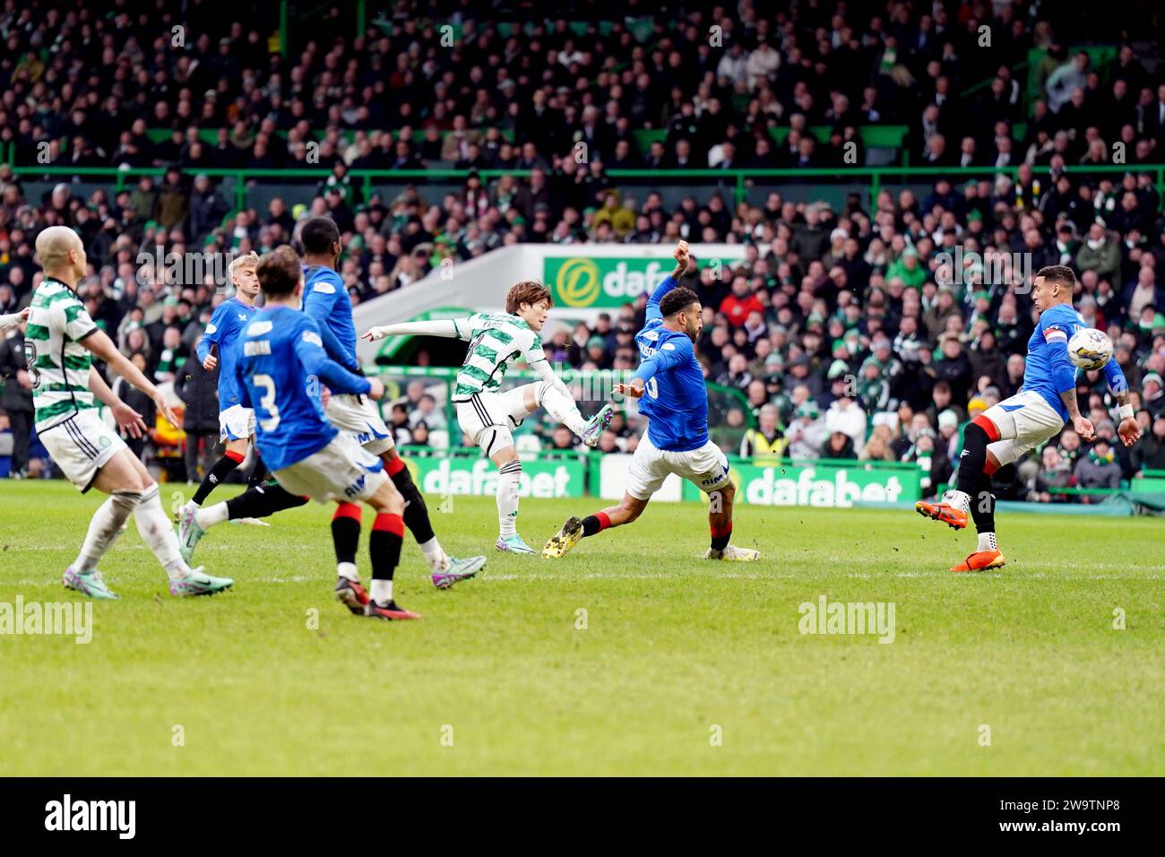Celtic's Kyogo Furuhashi (centre) scores their side's second goal of ...