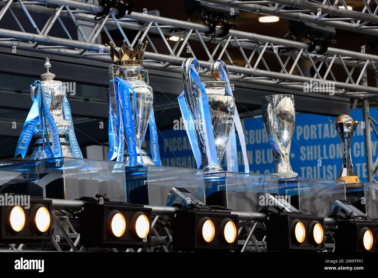 Manchester, UK. 30th Dec, 2023. City display their five trophies ahead ...