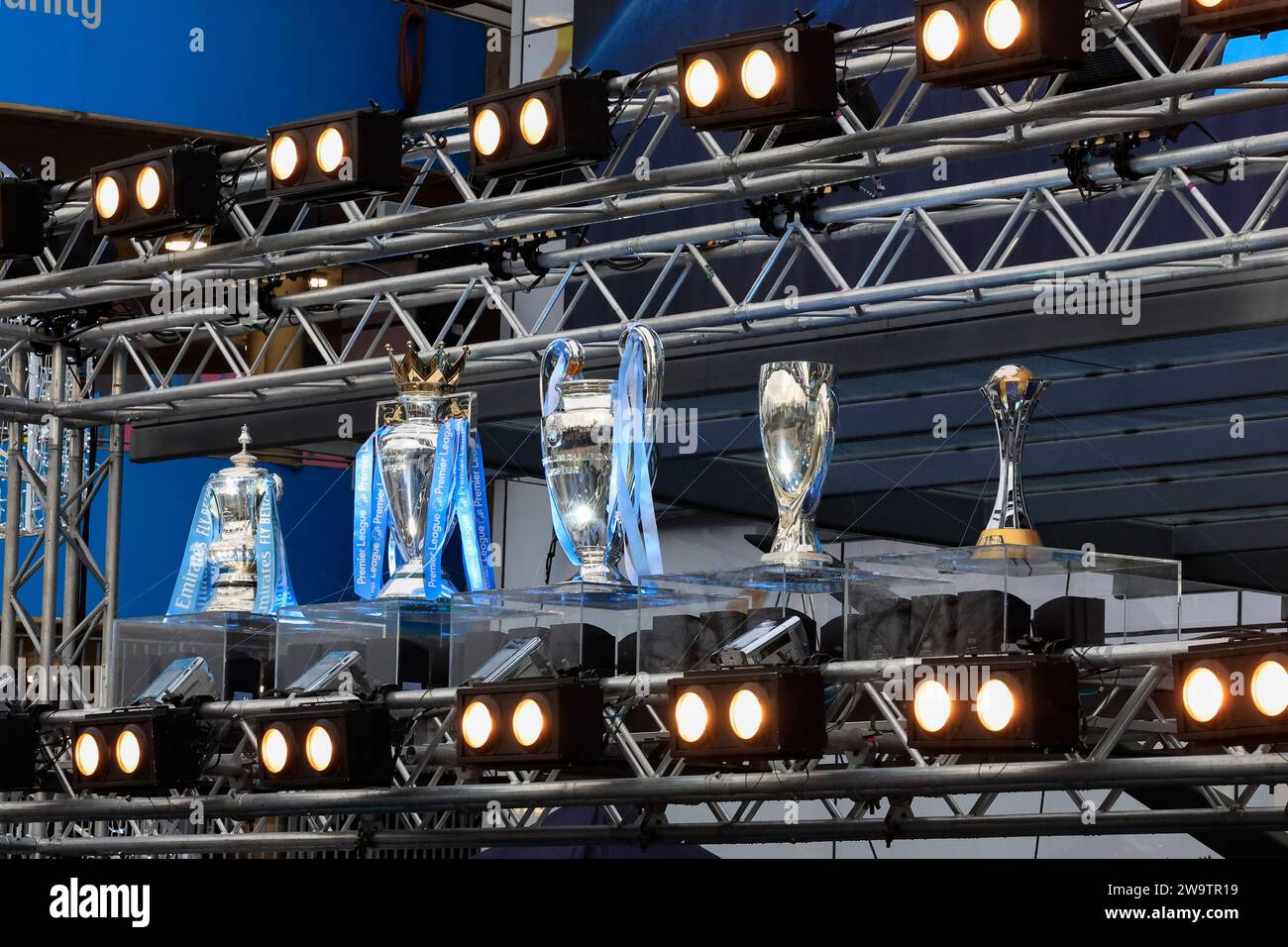 Manchester, UK. 30th Dec, 2023. City display their five trophies ahead ...