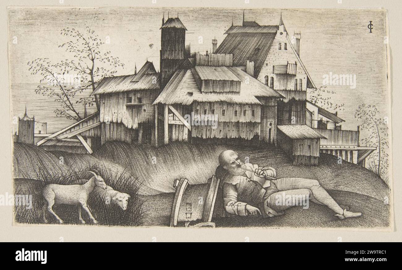 The old shepherd lying in a landscape, buildings behind, a goat and a ...