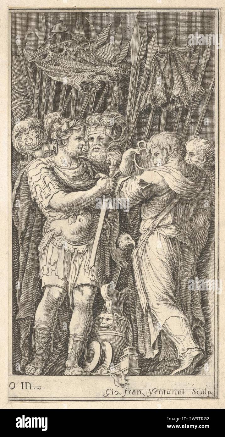 Soldiers, one shown frontally and holding a sword, at right a soldier ...