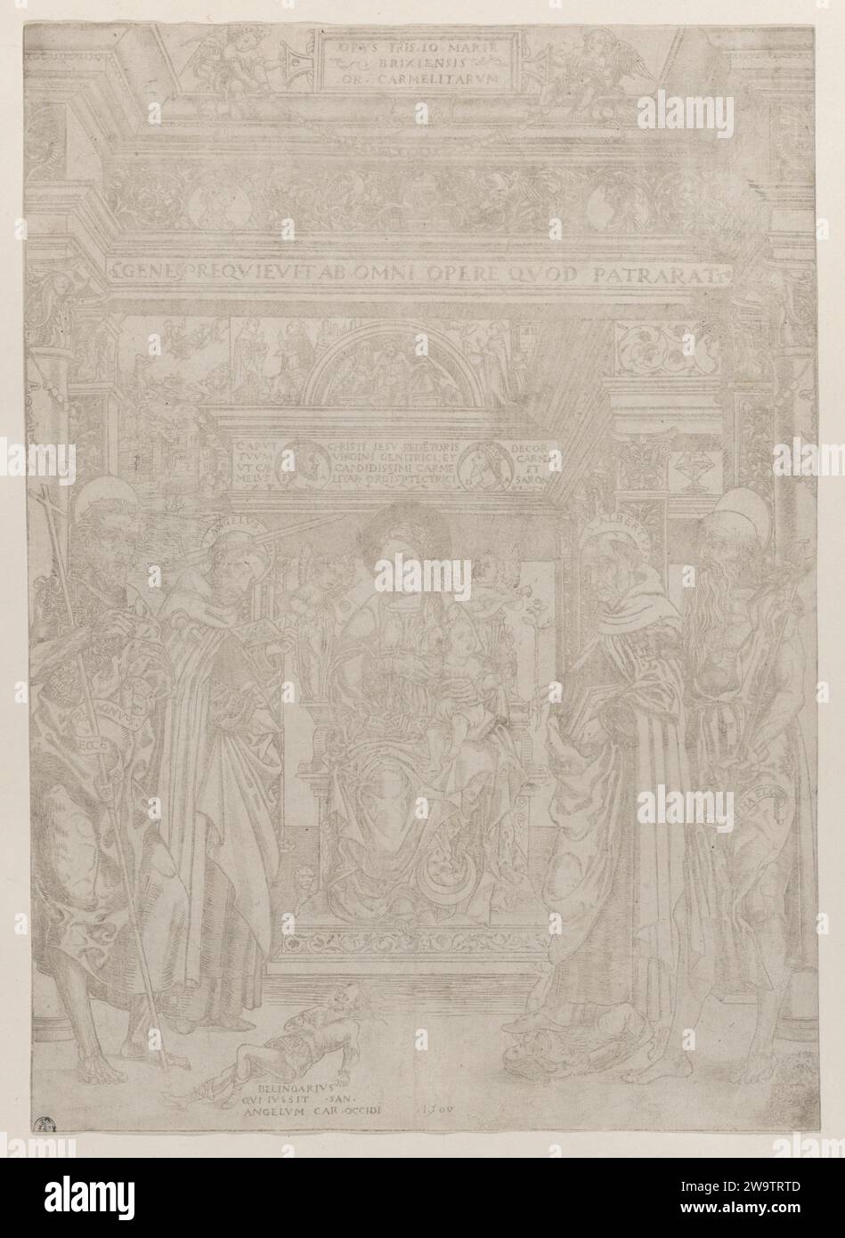 The Virgin and Child enthroned within an elaborate architectural structure, flanked by four ...