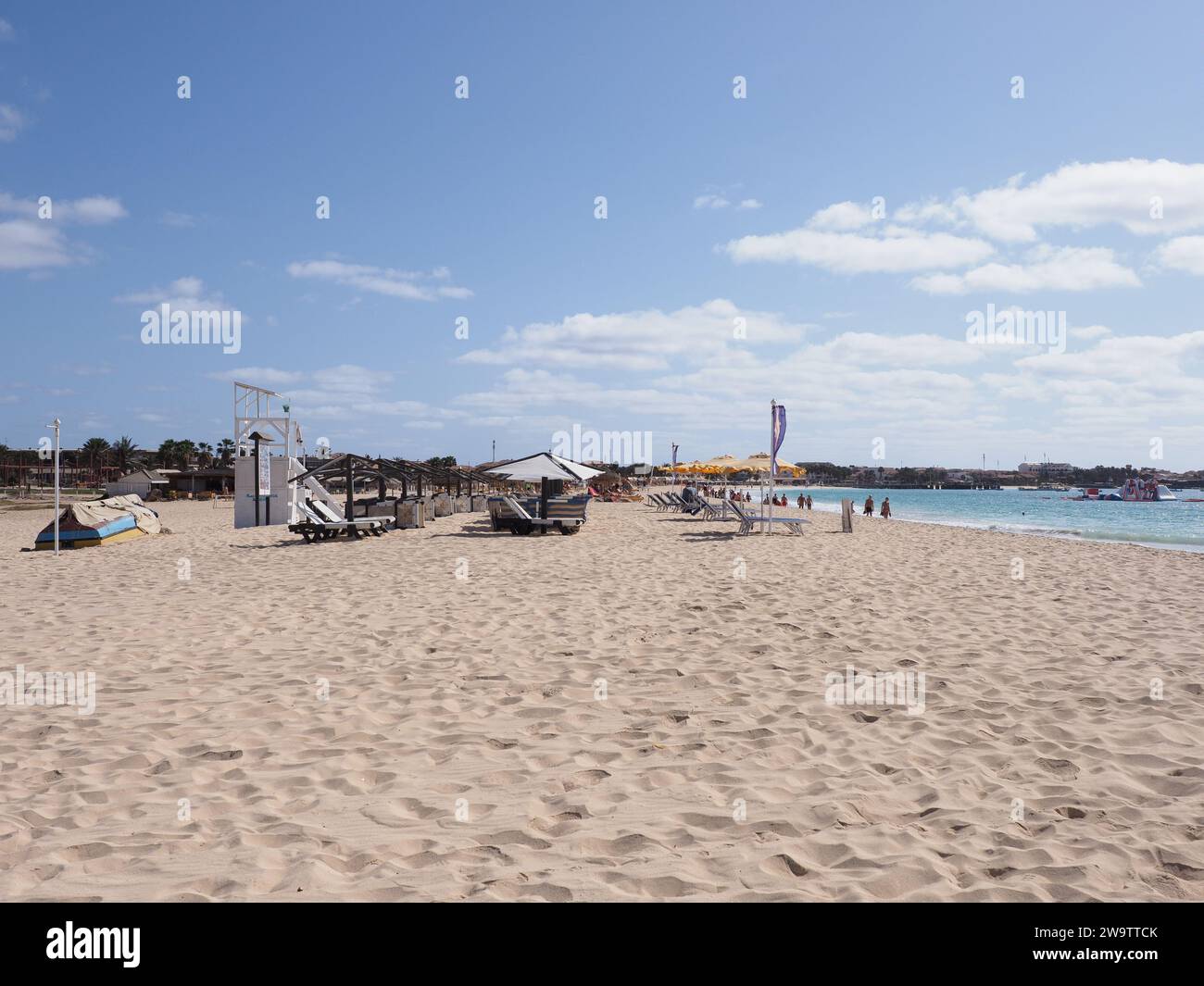 Sitting places at beach on Atlantic Ocean, African Santa Maria town ...