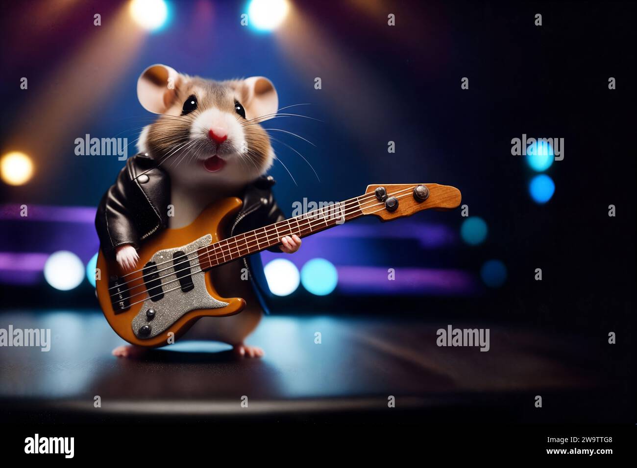 Hamster rock musician standing on stage in the light of stage lights ...