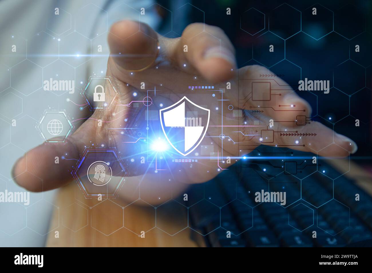 Keypad, cyber shield, lock, technology security system. Digital link ...