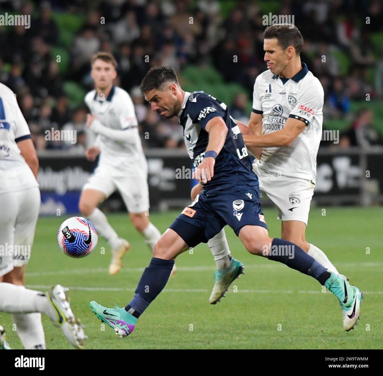 Melbourne's Bruno Fornaroli getting tackled by Isaias of Adelaide ...