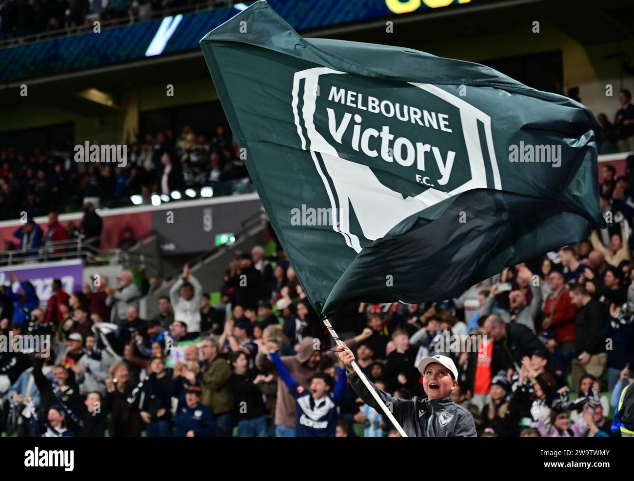 Melbourne Victory flag waving for with the fans. Melbourne, Australia ...