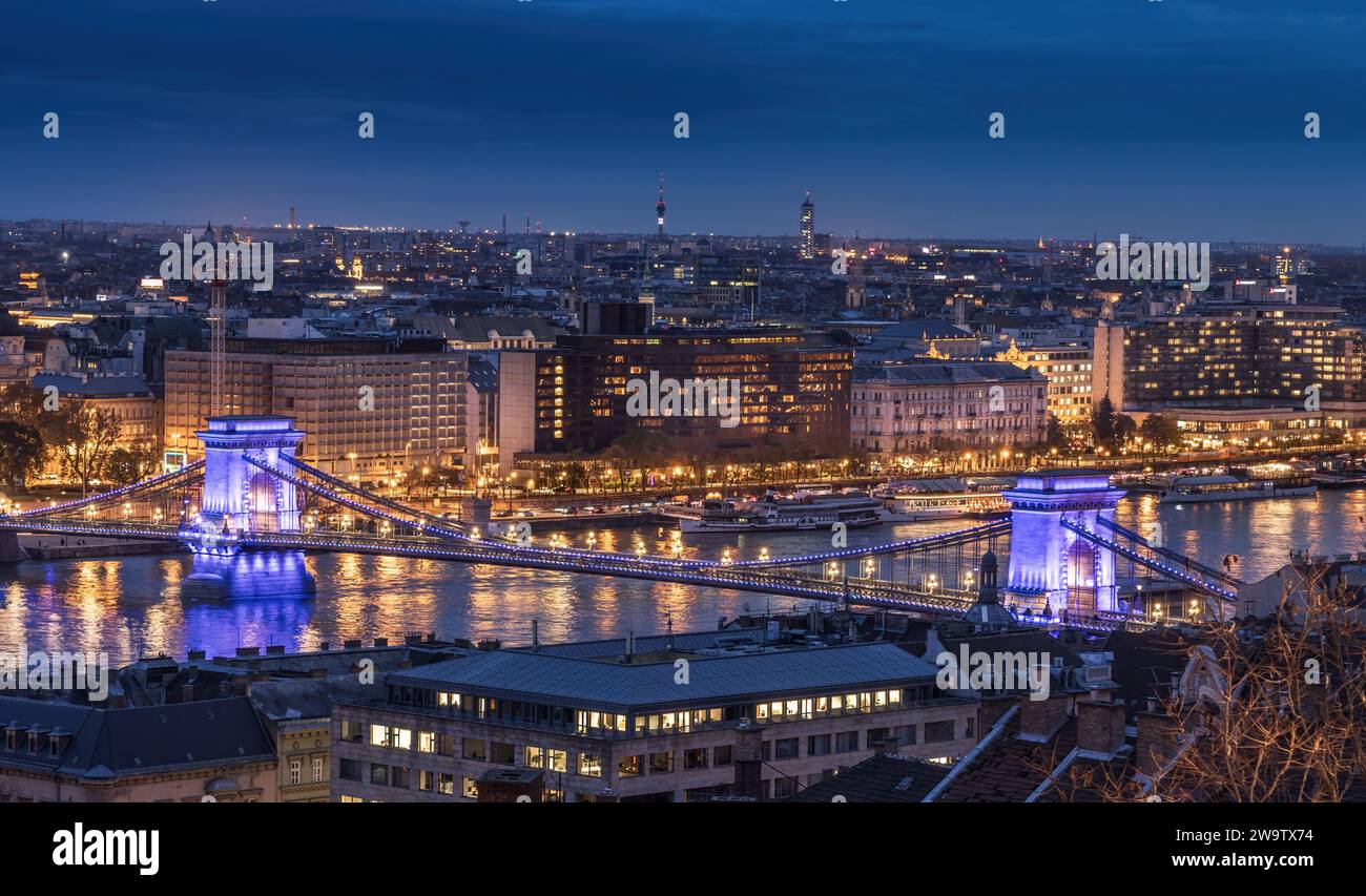 The Chain Bridge is one of the symbols of Budapest. View to the ...