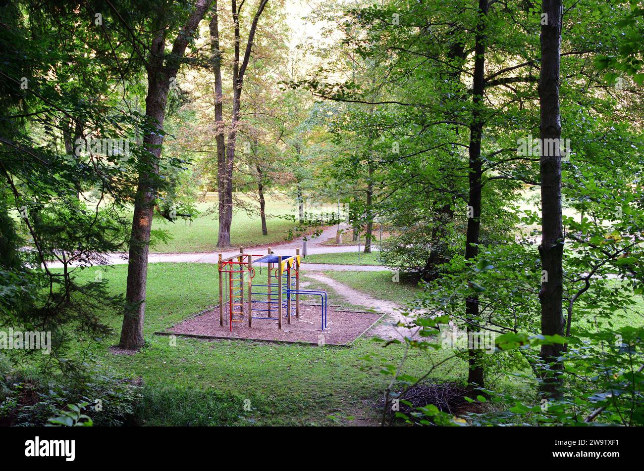 Climbing ladders for children in the forest park with a sandpit Stock ...