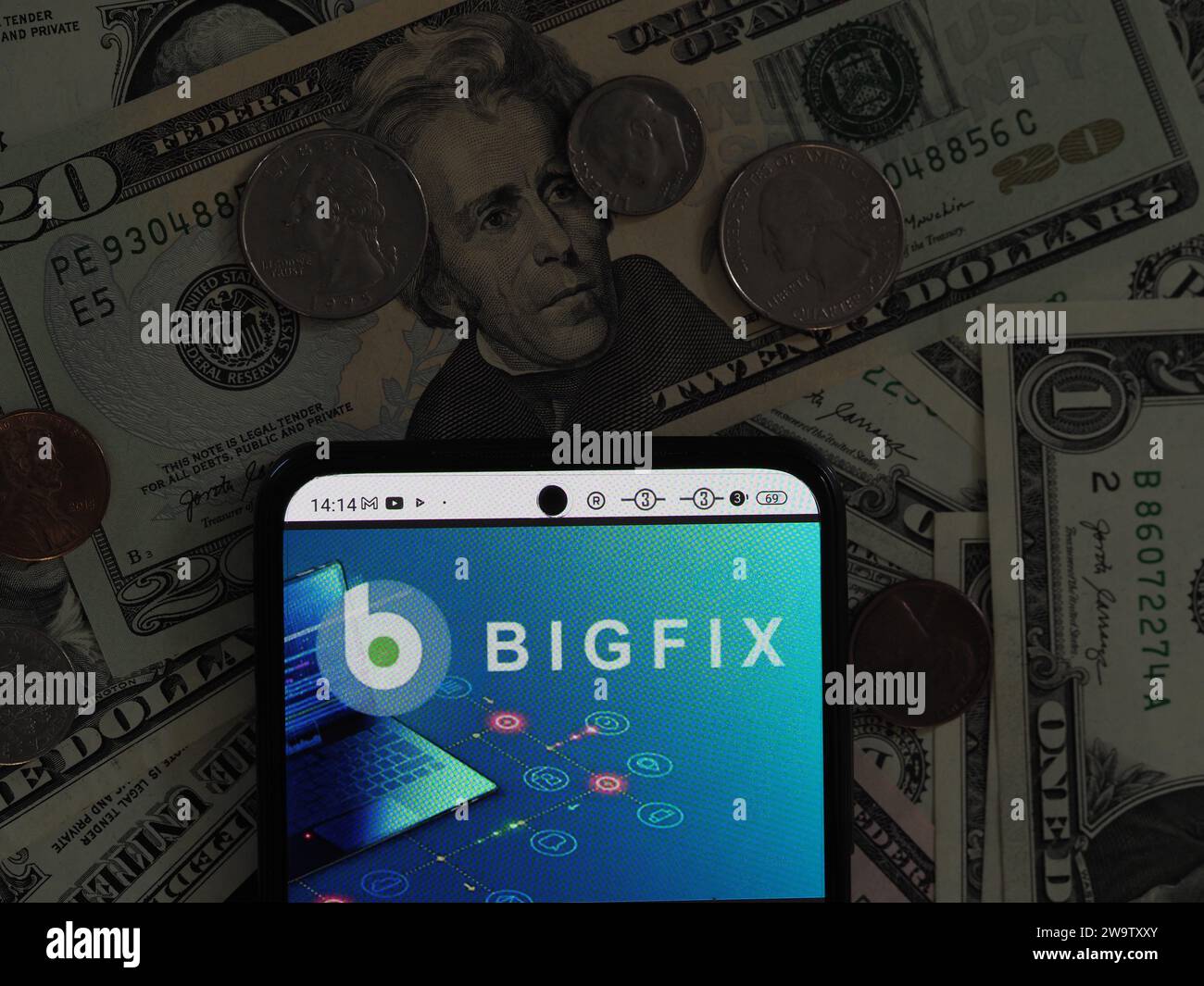 In this photo illustration, a BigFix logo seen displayed on a ...