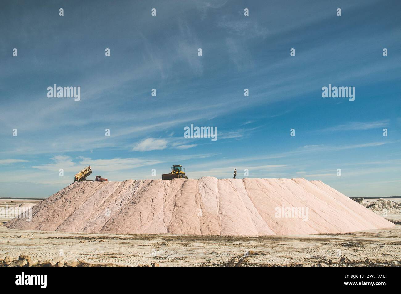 Trucks unloading raw salt bulk, Salinas Grandes de Hidalgo, La Pampa ...