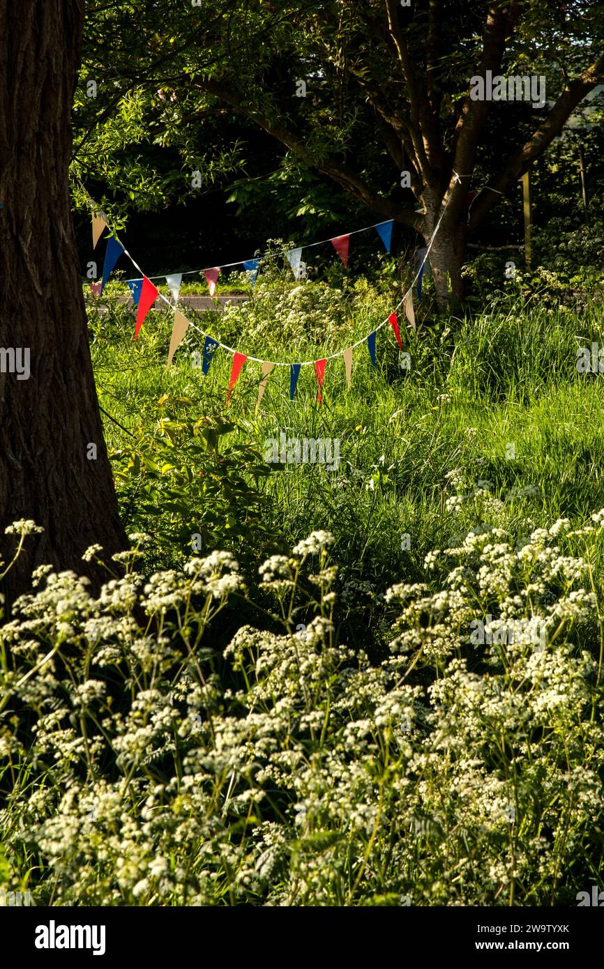 UK, England, Surrey, Compton, village fete bunting around edge of green ...