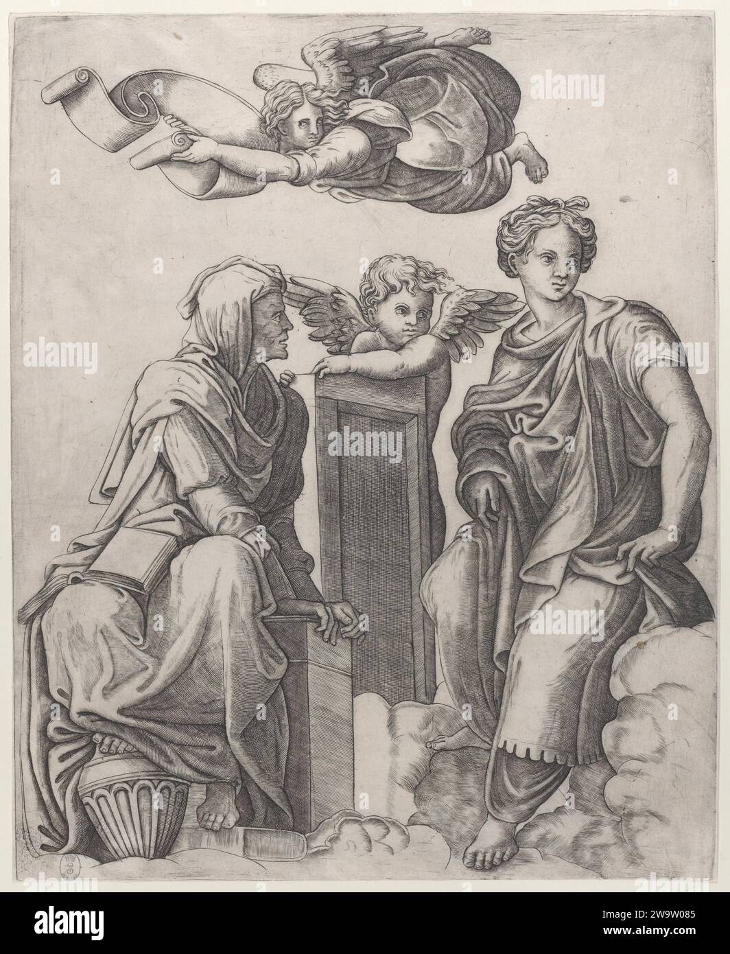 Two female figures seated in the clouds flanking an angel and another ...
