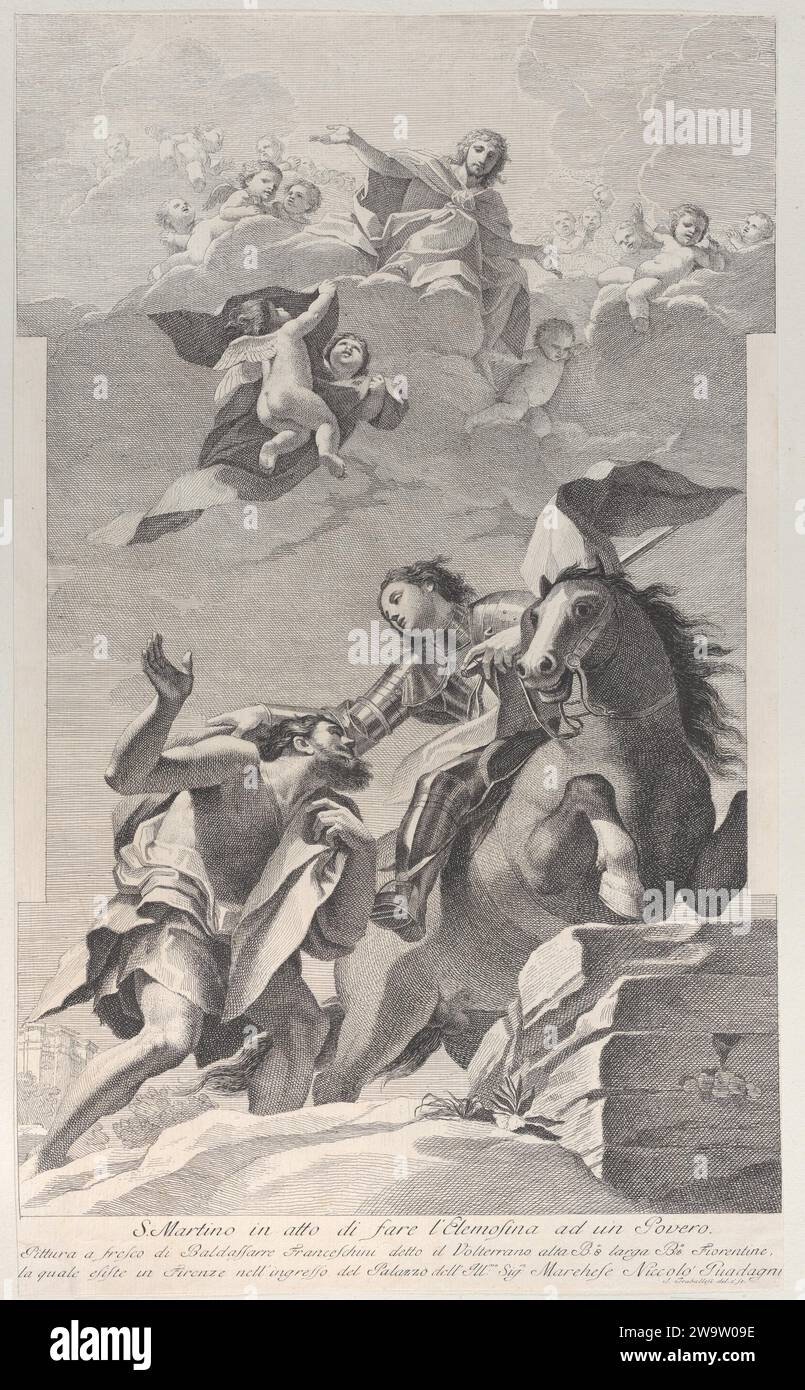 Saint Martin, on horseback, giving his cloak to a beggar, angels ...
