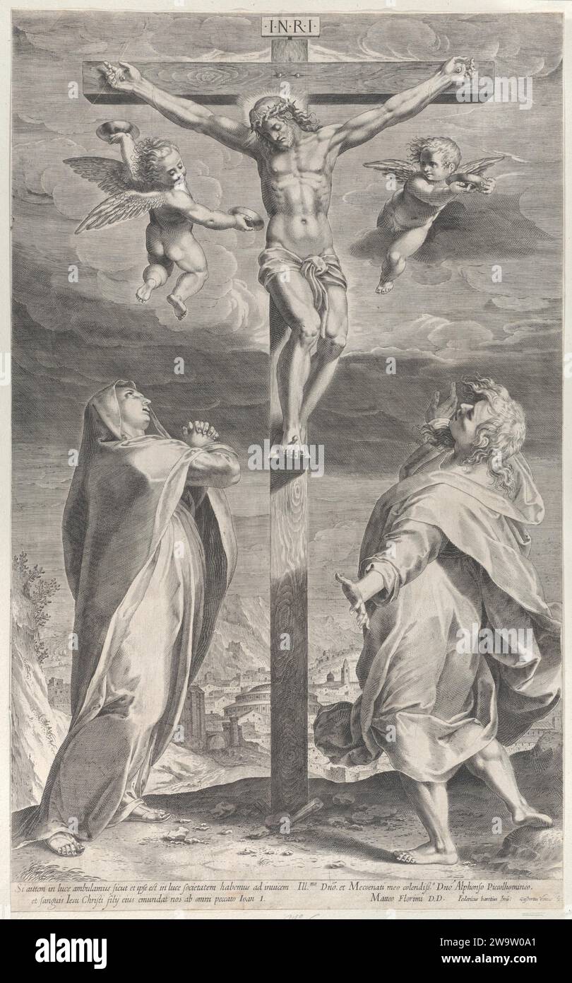 Crucifixion with the Virgin Mary and Saint John the Evangelist, angels ...