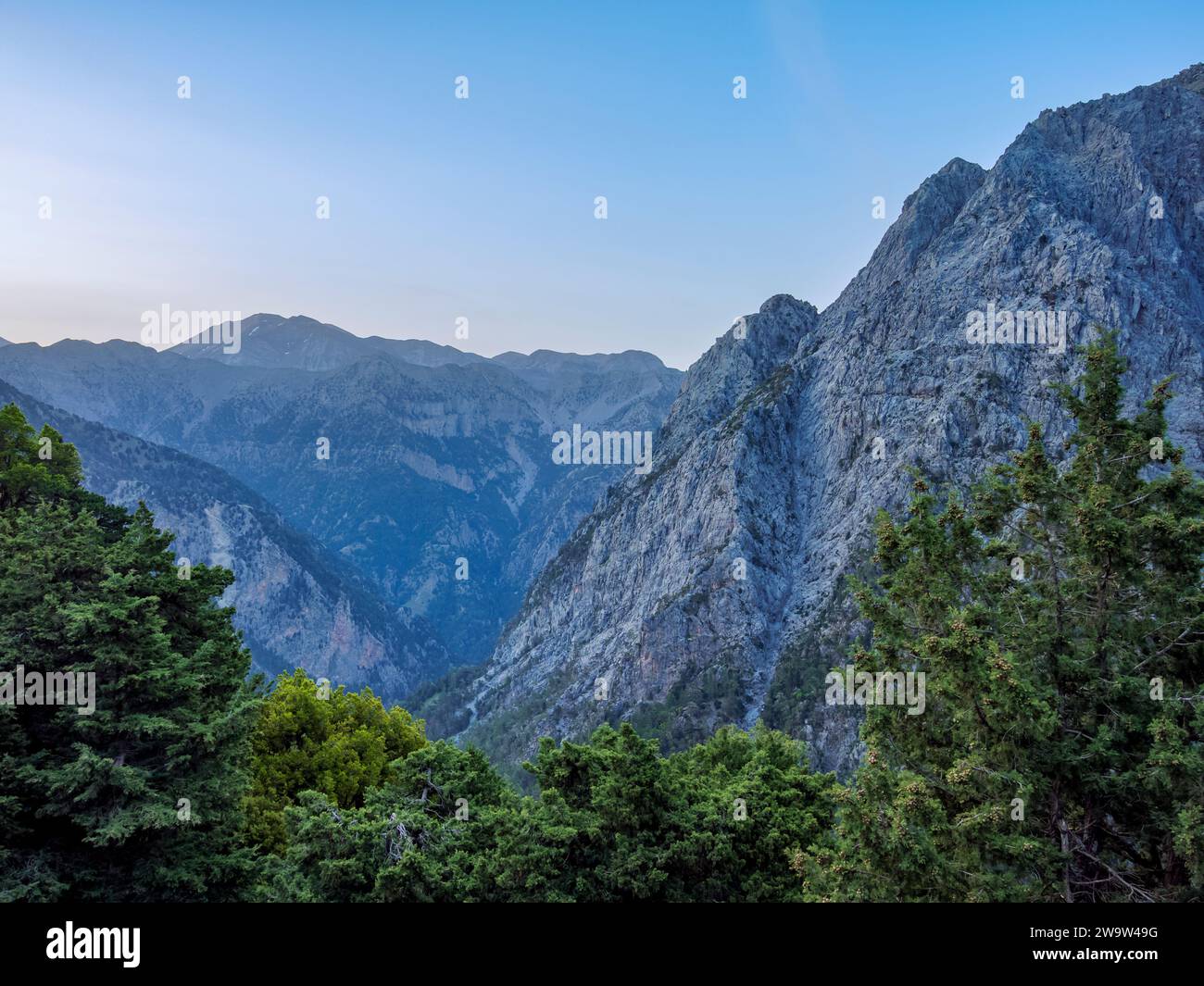 Samaria Gorge seen from the Omalos entrance at dawn, elevated view ...