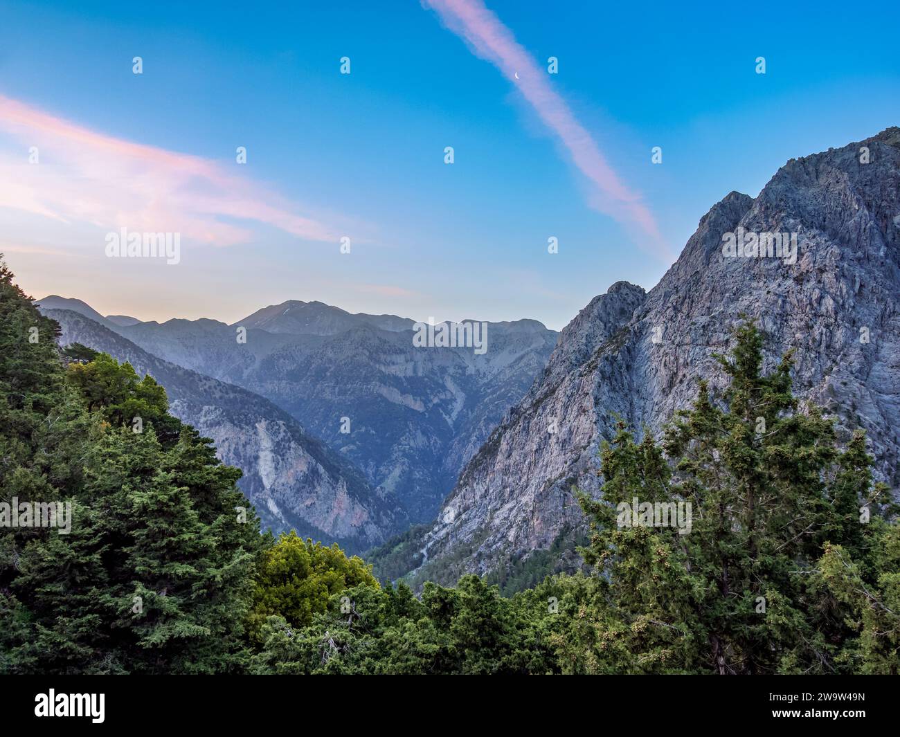 Samaria Gorge seen from the Omalos entrance at dawn, elevated view ...