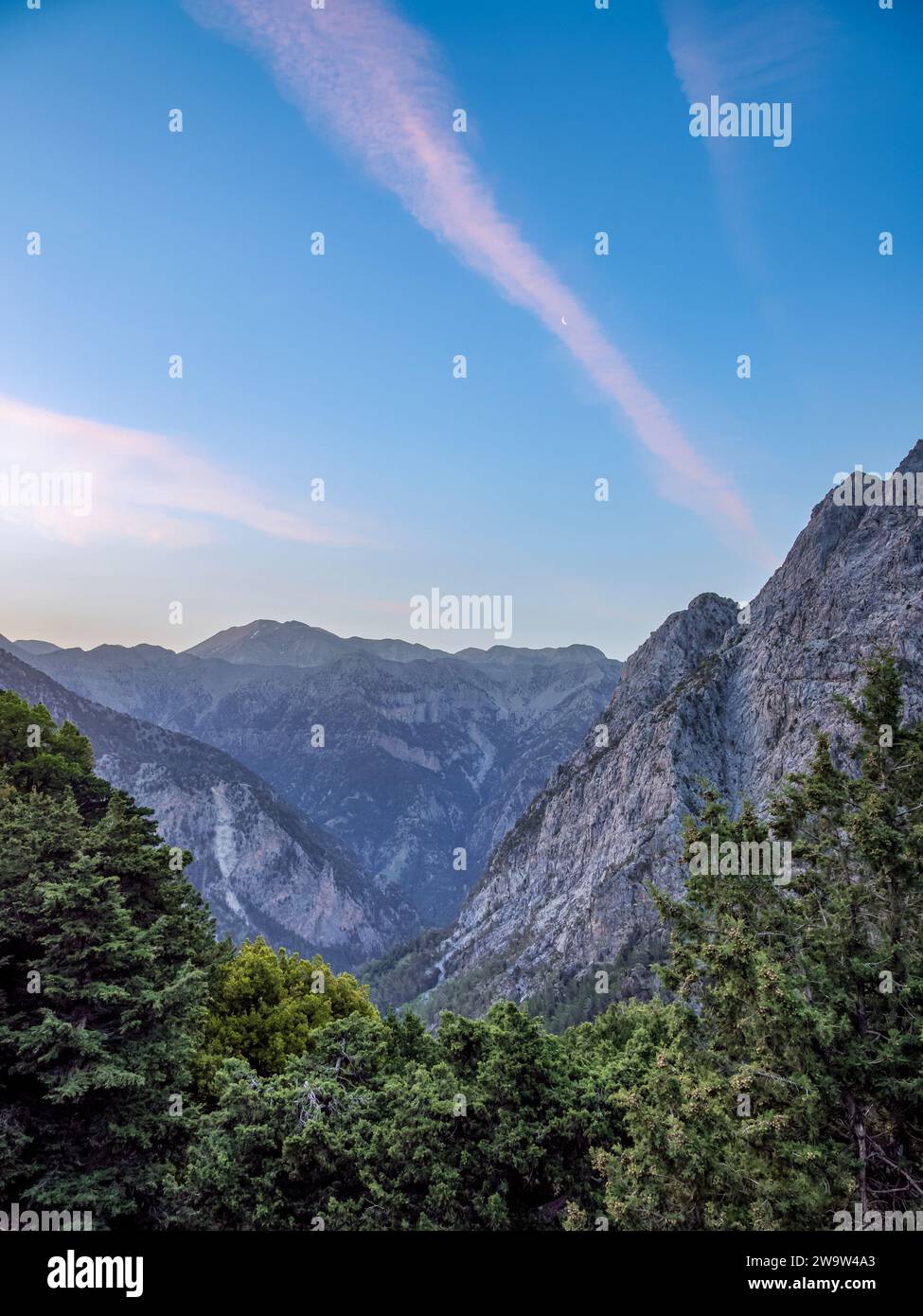 Samaria Gorge seen from the Omalos entrance at dawn, elevated view ...
