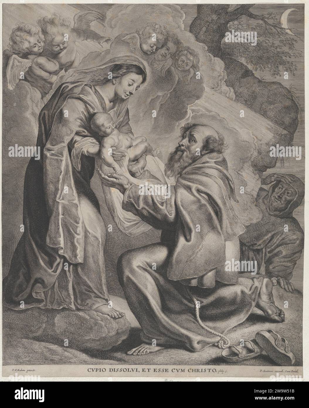 The Vision of Saint Francis, kneeling at right, receiving the Christ ...