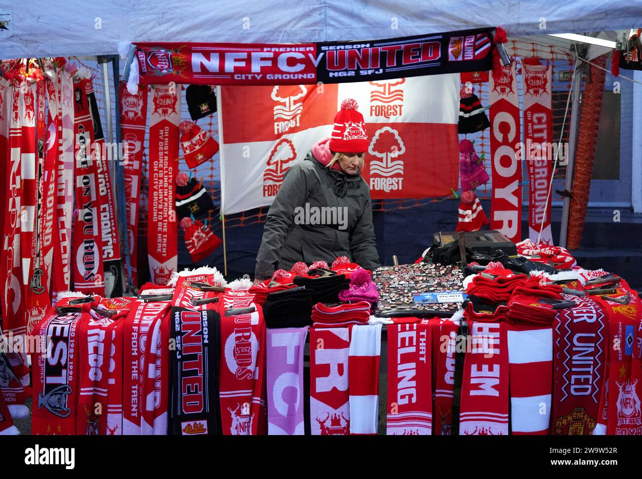 A merchandise stall outside ahead of the Premier League match at the ...