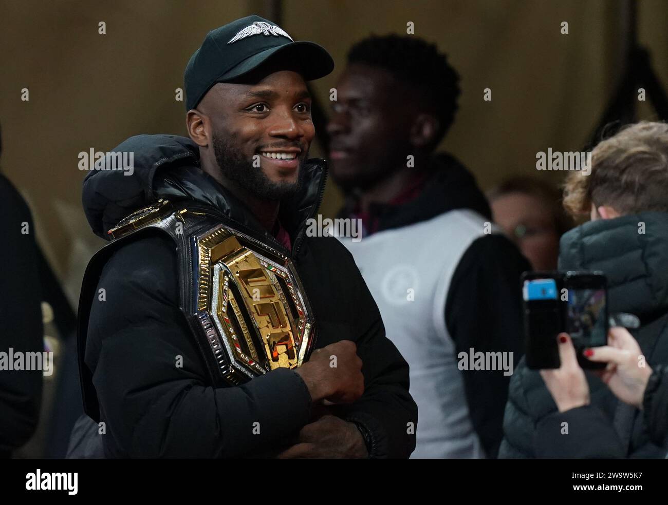 UFC Welterweight Champion Leon Edwards on the pitch at half time during ...
