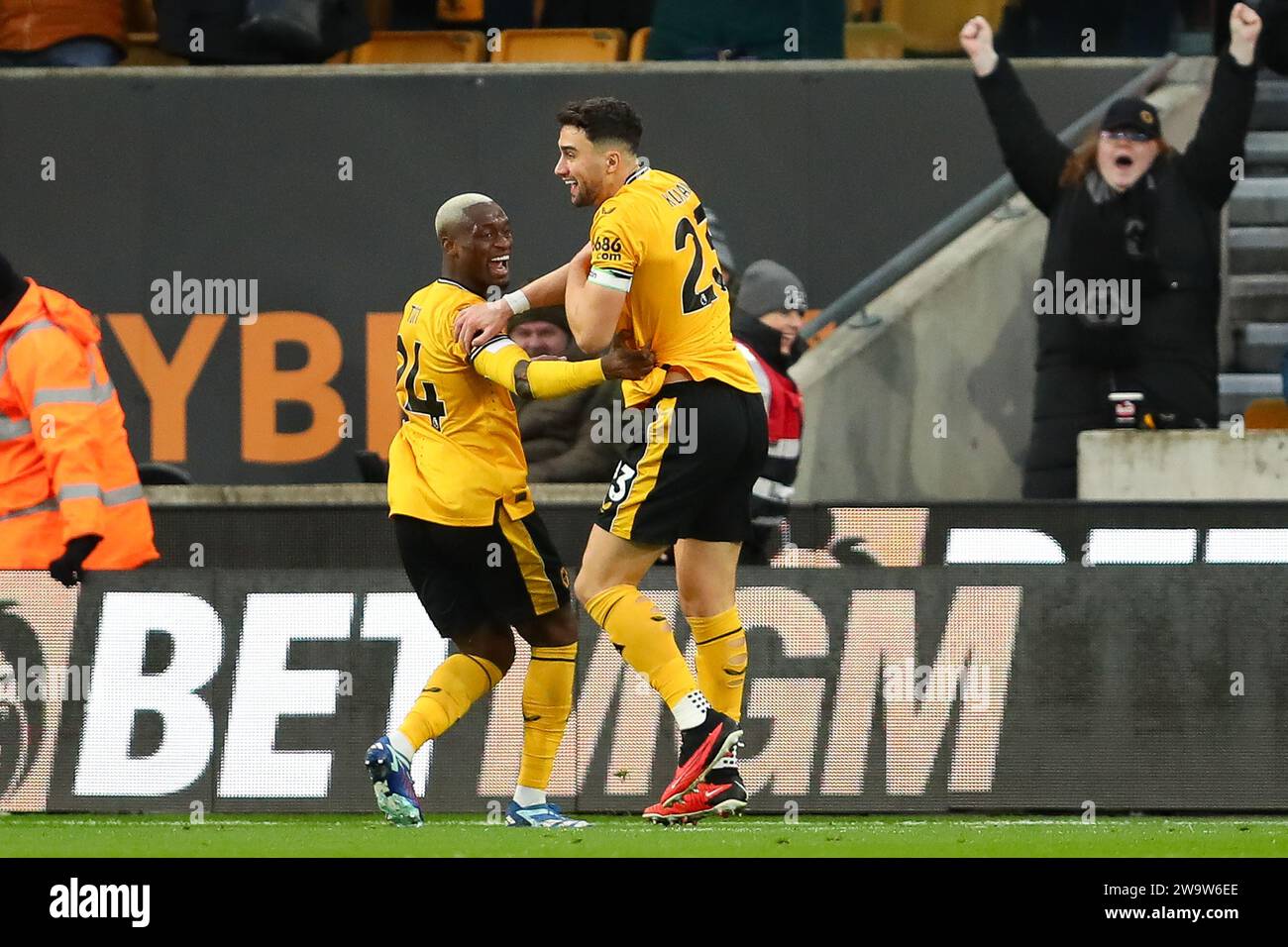 Max Kilman of Wolves (R) celebrate after scoring his team's first goal ...