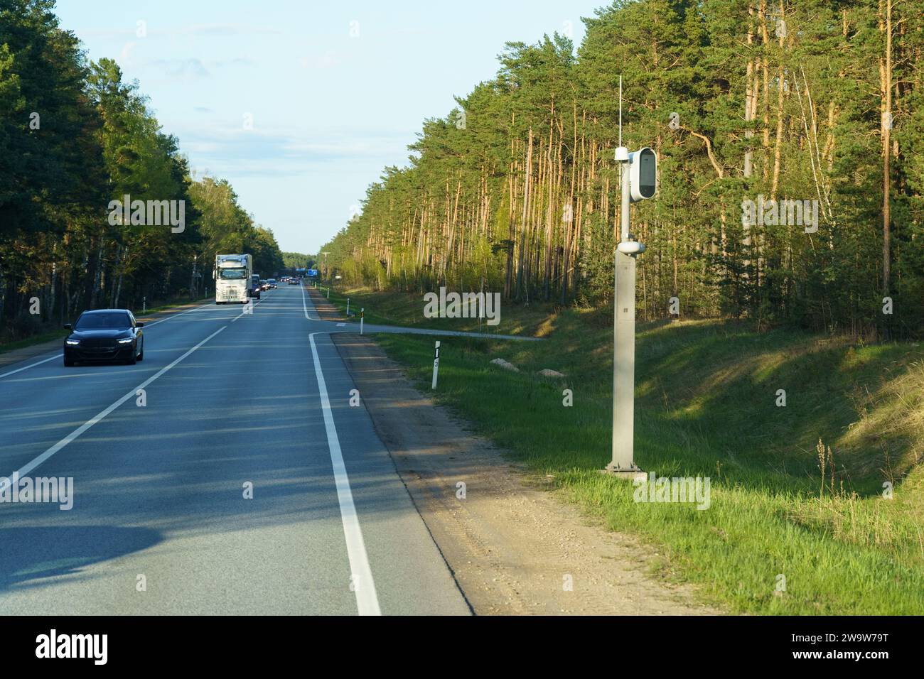 Saulgozi, Latvia - May 3, 2023: The road is equipped with radar to ...