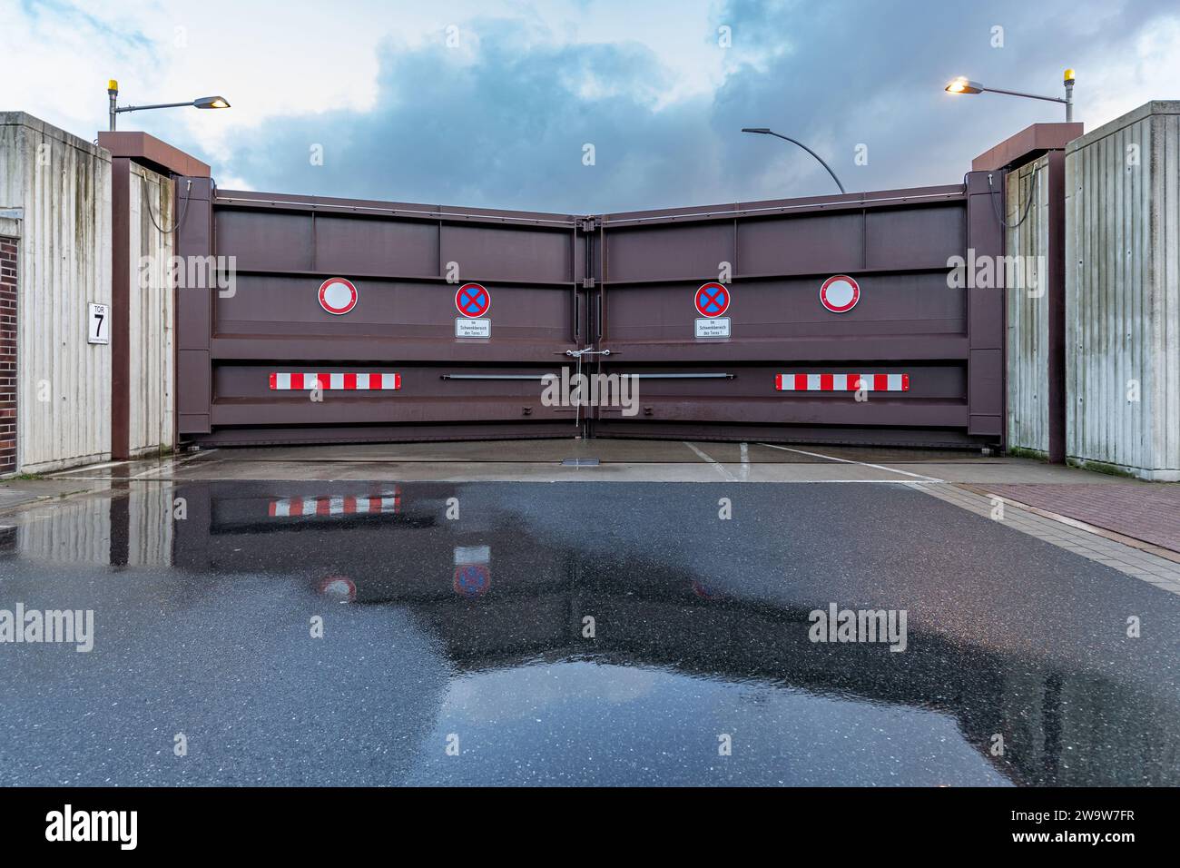 closed flood gate seen from the landside during storm surge in Cuxhaven ...