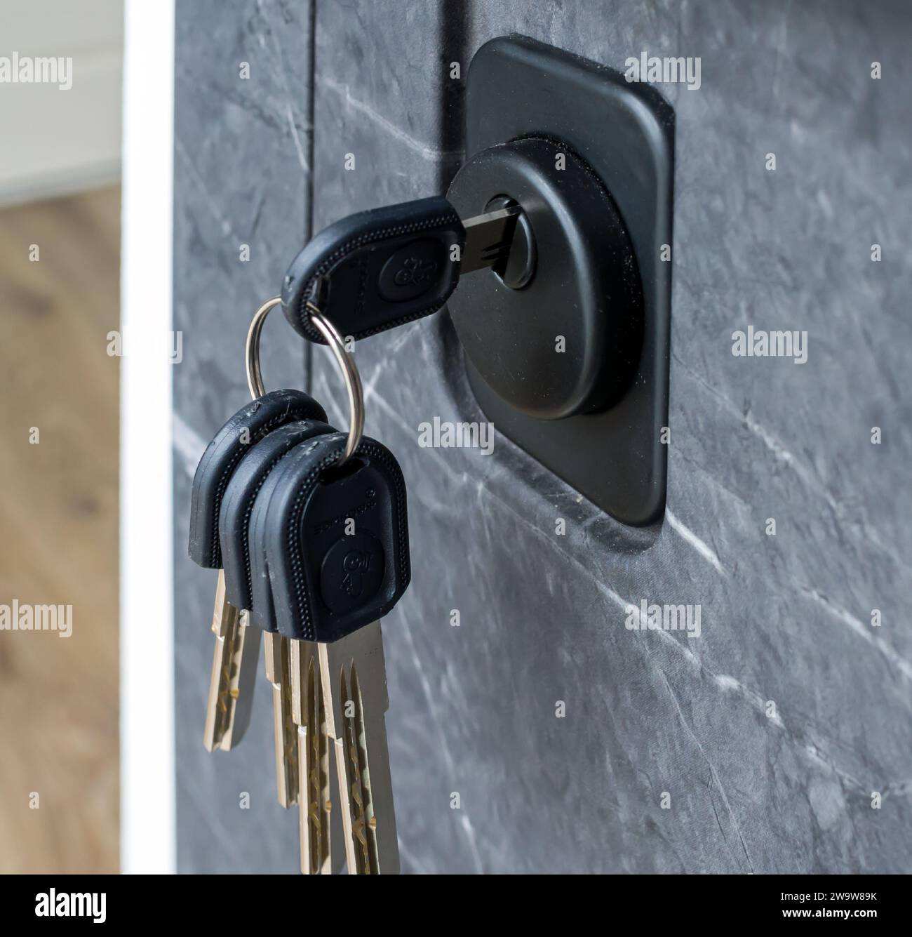 Entrance door with keys in the keyhole Stock Photo - Alamy