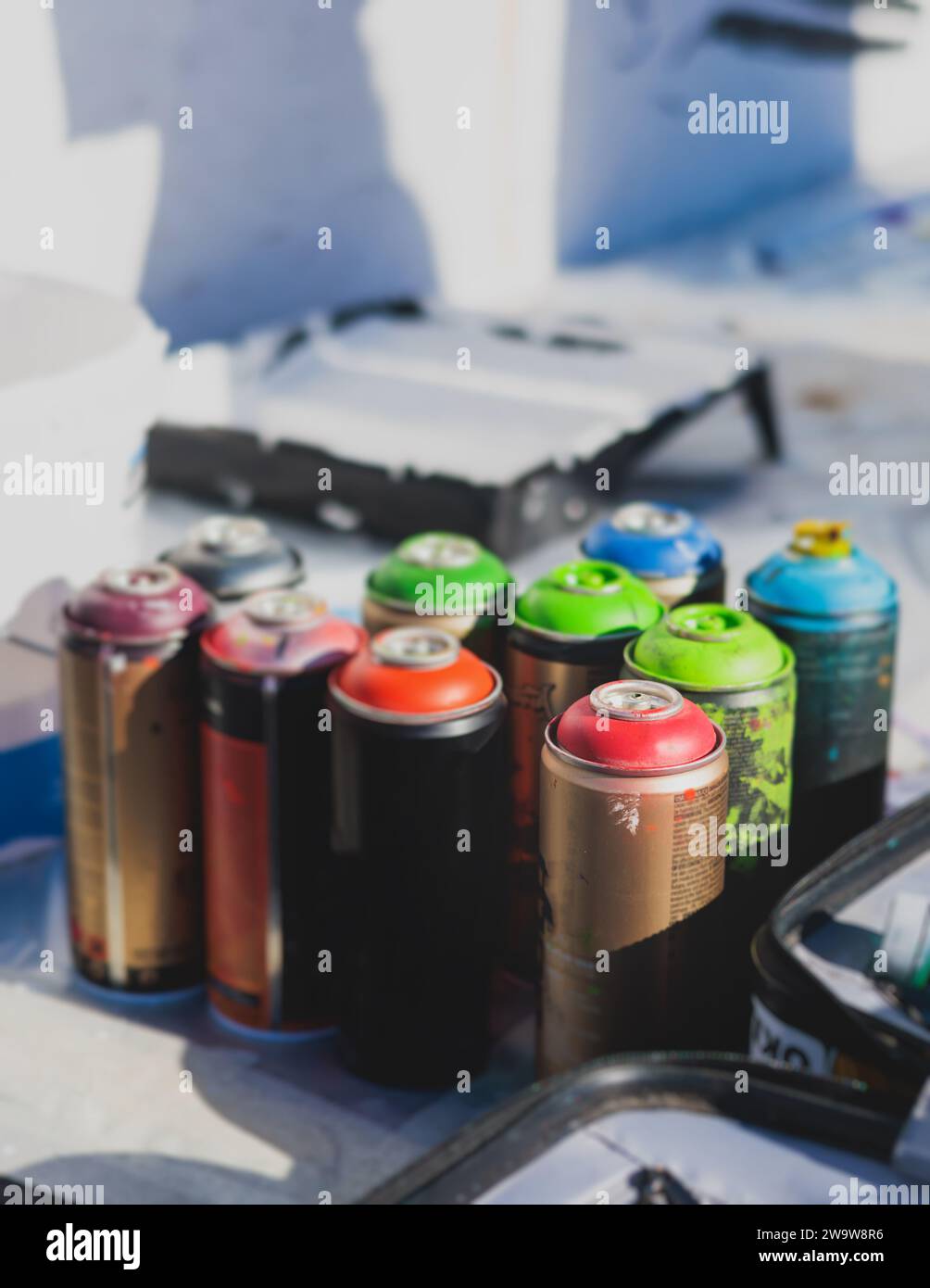 Equipment set for street art, spray cans bottles with aerosol spray ...