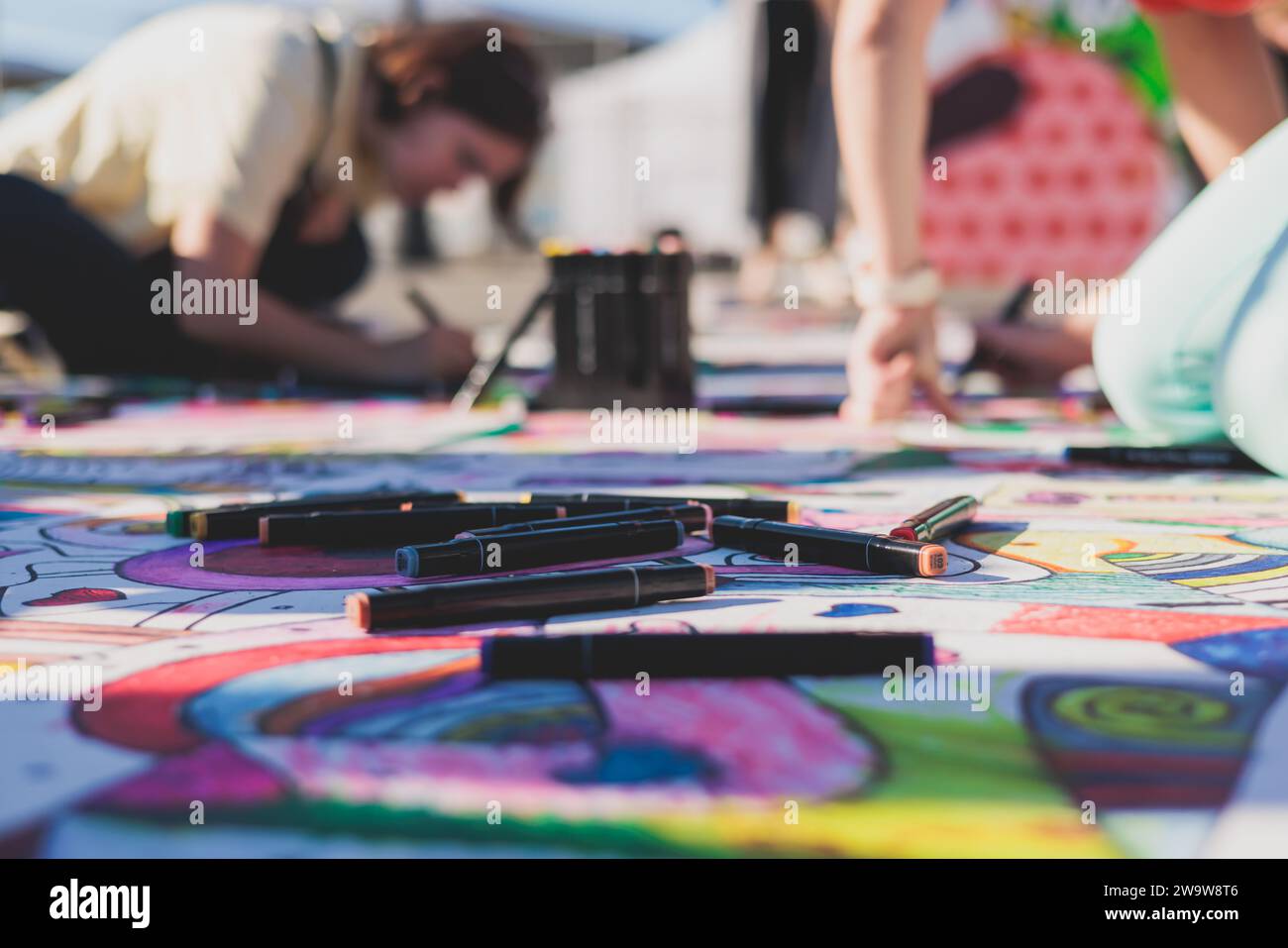 Process of drawing on asphalt and pavement, kids and children with ...