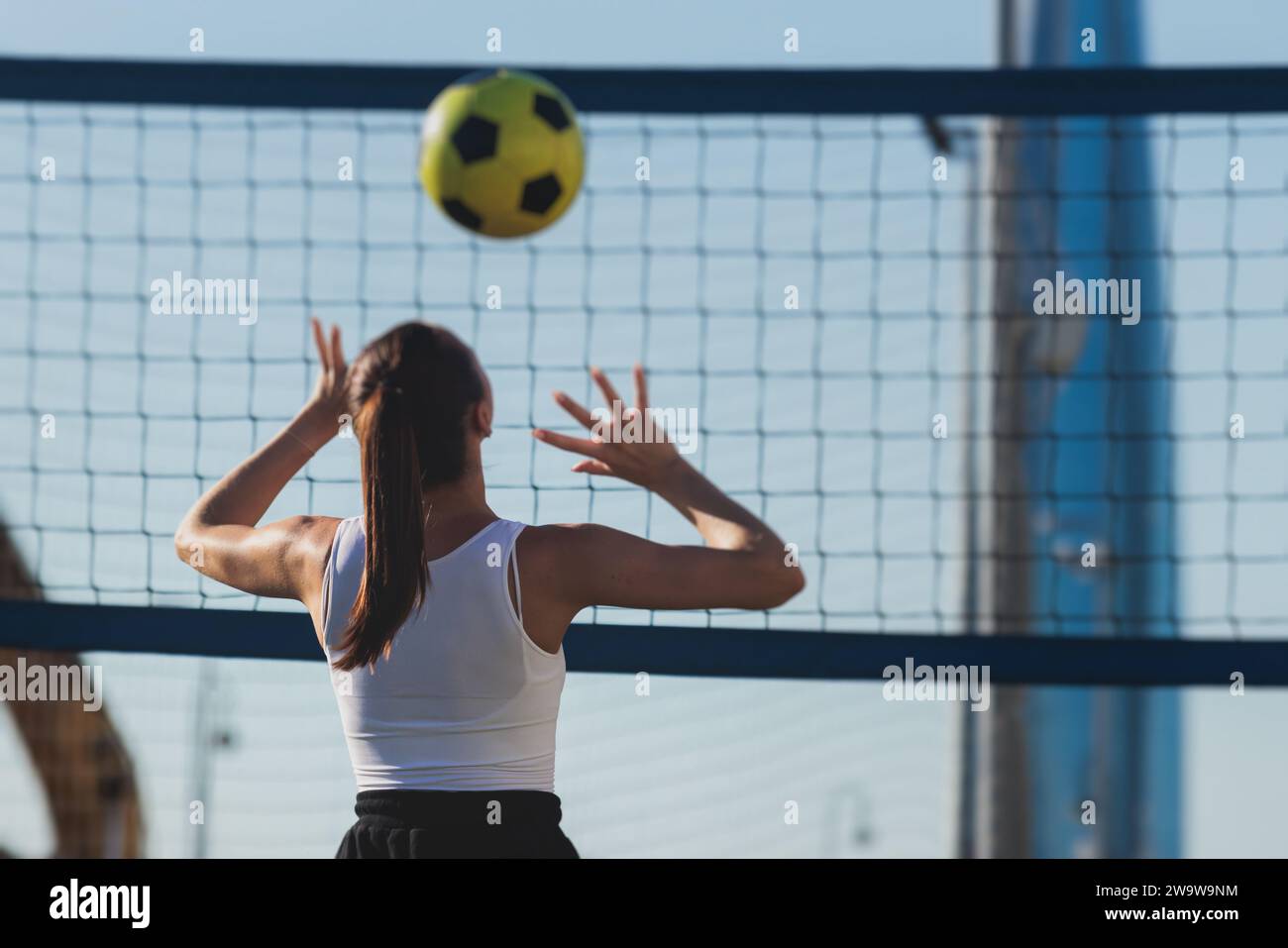Volleyball game, female team of girls play volleyball, players on the ...