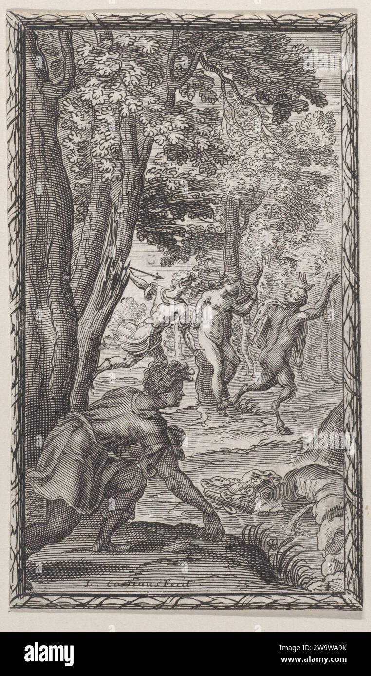 Landscape with a man driving a satyr away from a nymph bound to a tree ...