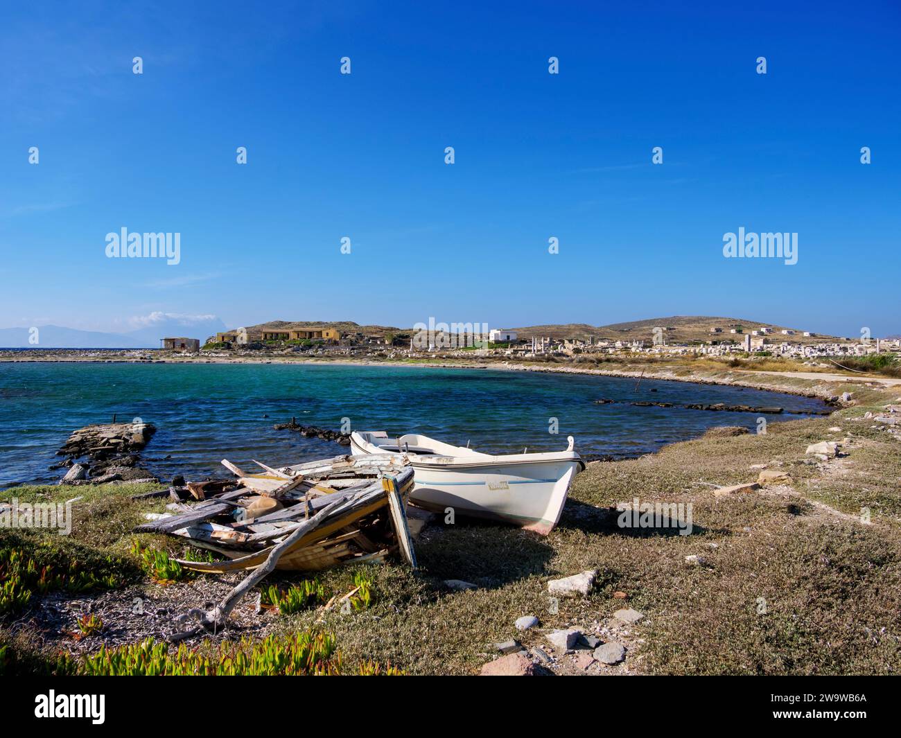 Boats at the waterfront of Delos Archaeological Site, Delos Island ...