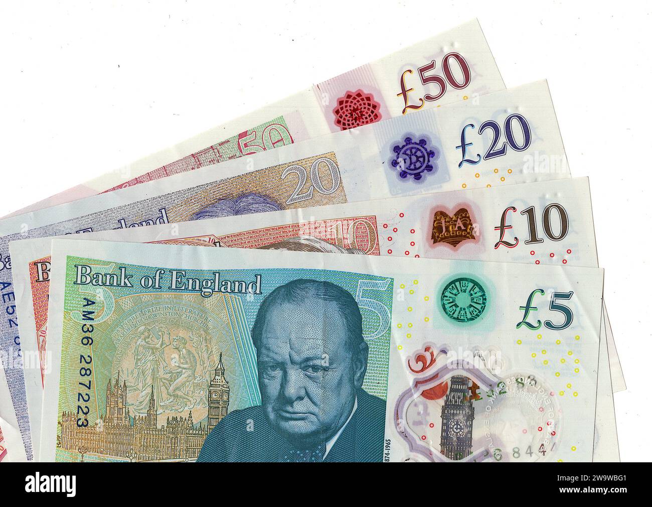 Close up of a fan of five, ten, twenty and fifty pound notes from the ...