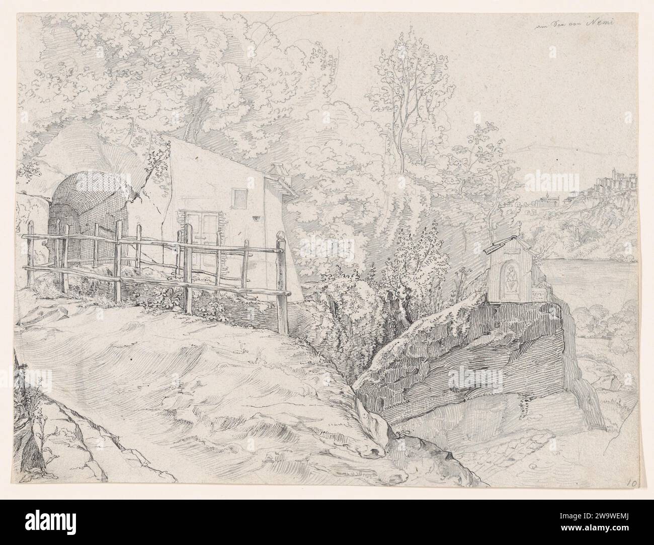 A House near a Grotto and a Roadside Chapel at Lake Nemi, with a View ...