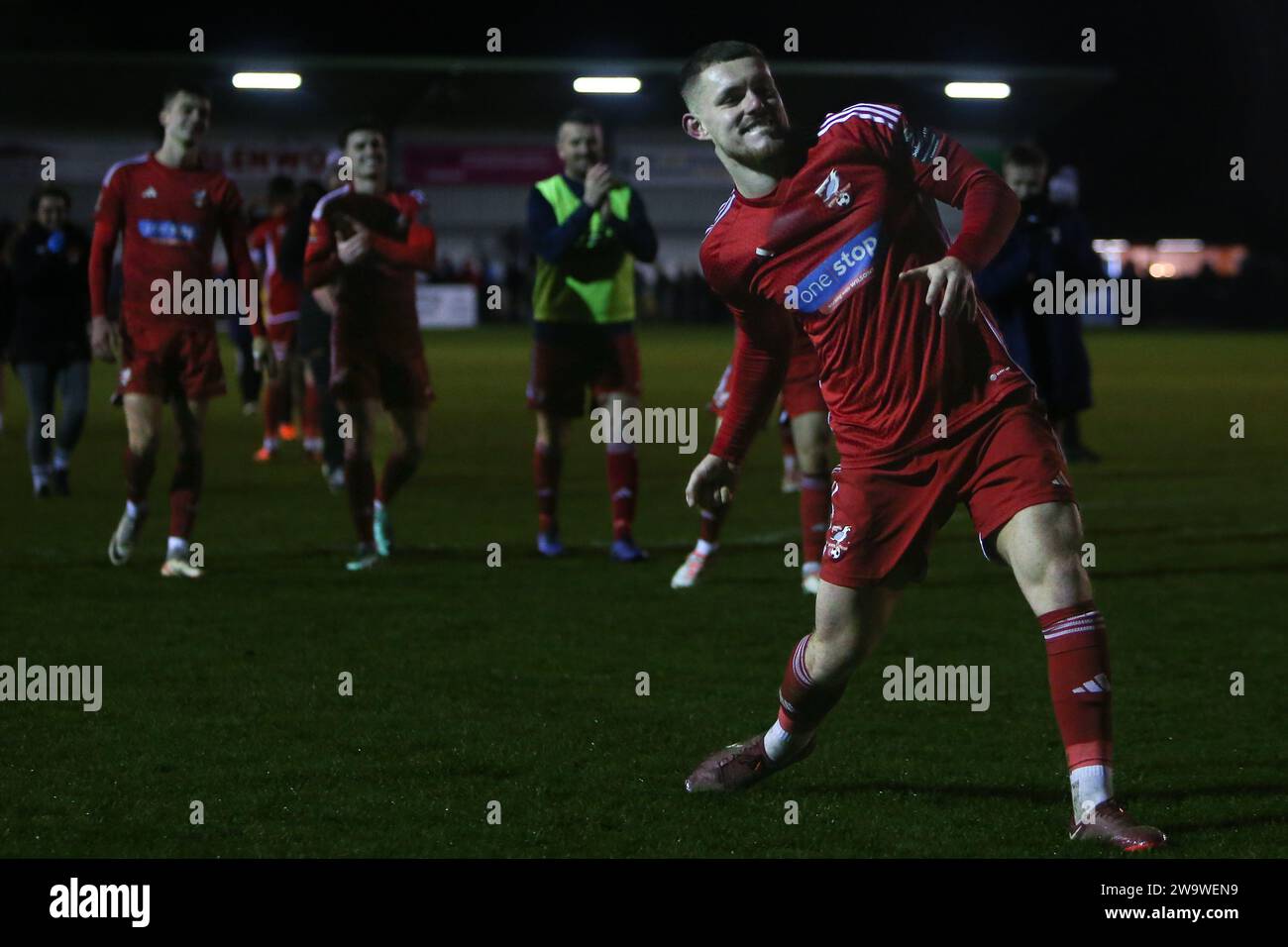 Scarborough Athletic's Bailey Gooda celebrates at full time during the ...