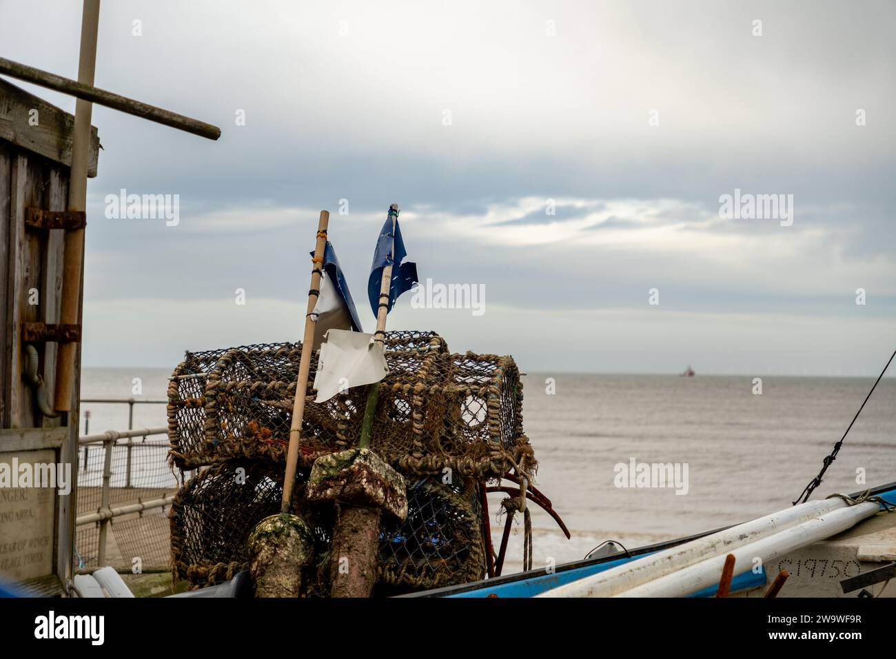 Sheringham, Norfolk, UK – December 29 2023. Crab pots, lobster pots and ...
