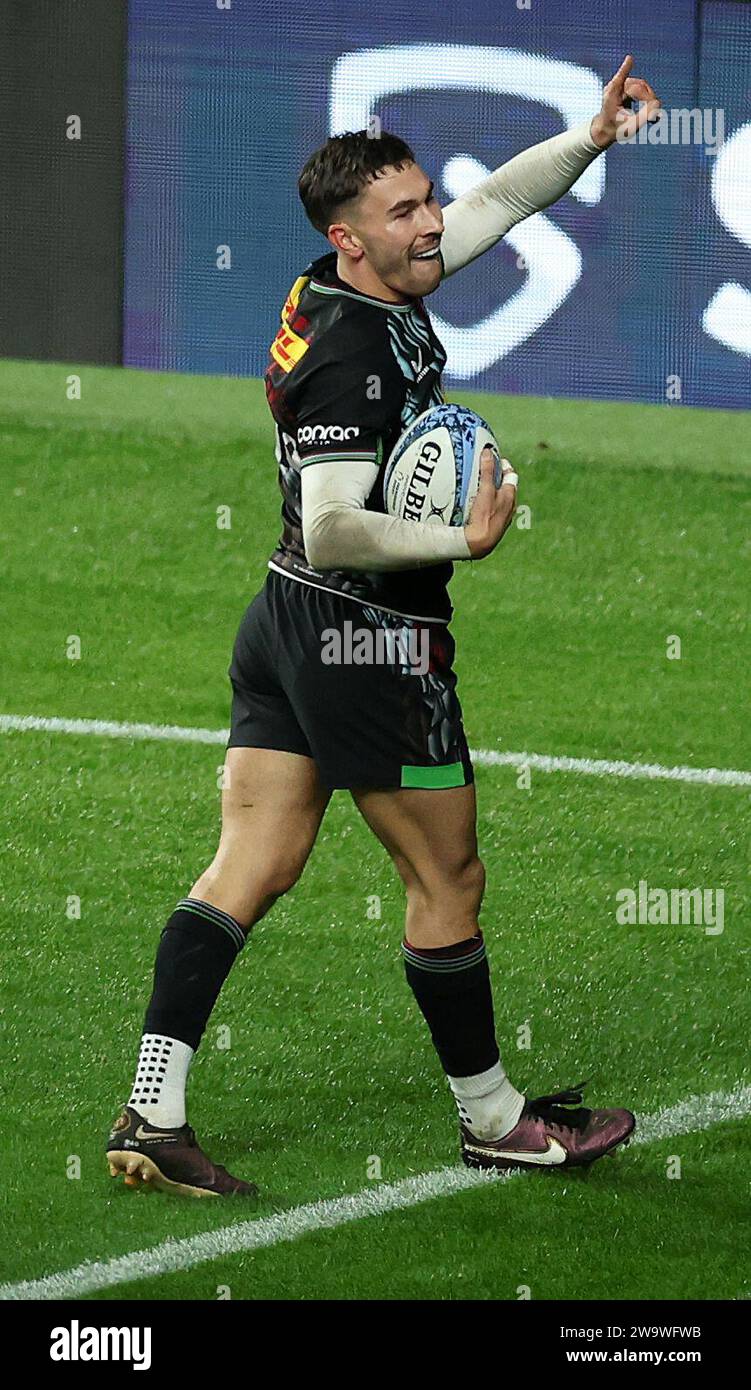 Harlequin's Nick David celebrates after scoring their side's first try ...